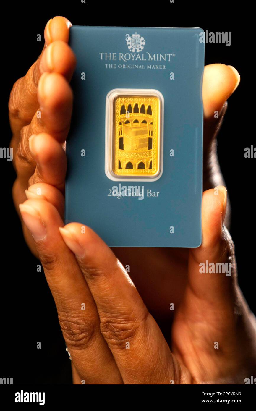 EDITORIAL USE ONLY A gold minted bullion bar depicting the Muslim holy ...
