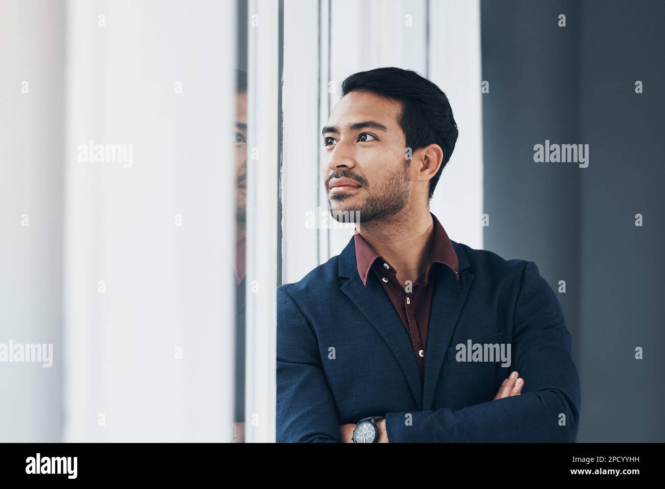 Window, vision and architect man looking at real estate project, office ...