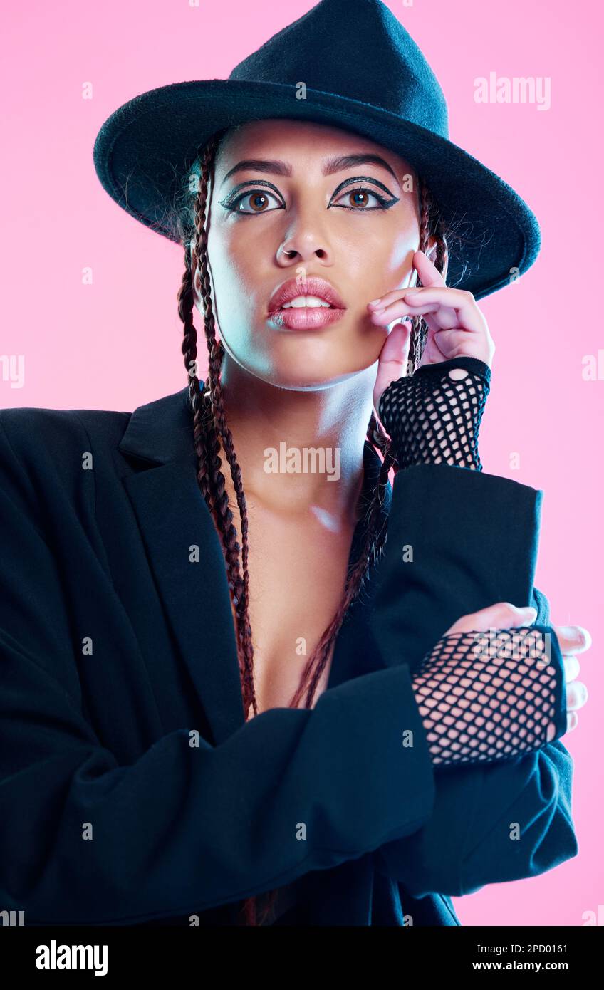 Portrait, fashion and woman with punk outfit, confidence and lady ...