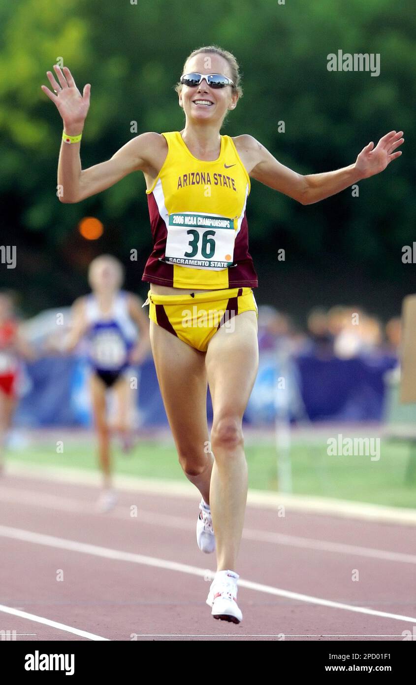 Arizona State's Victoria Jackson smiles as she approaches the finish ...