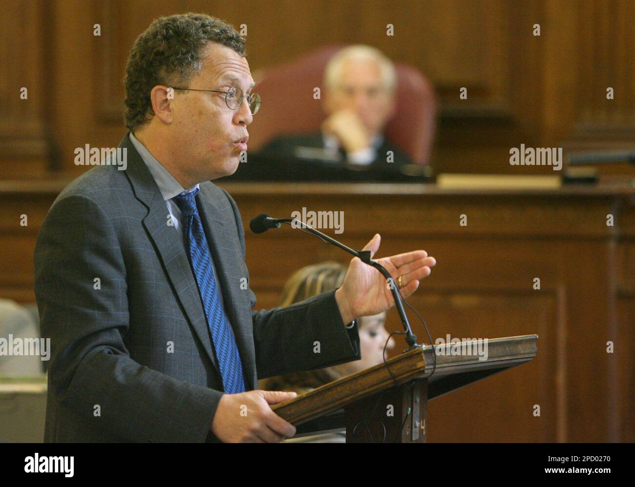 Defense attorney Robert L. Sheketoff delivers an opening statement ...
