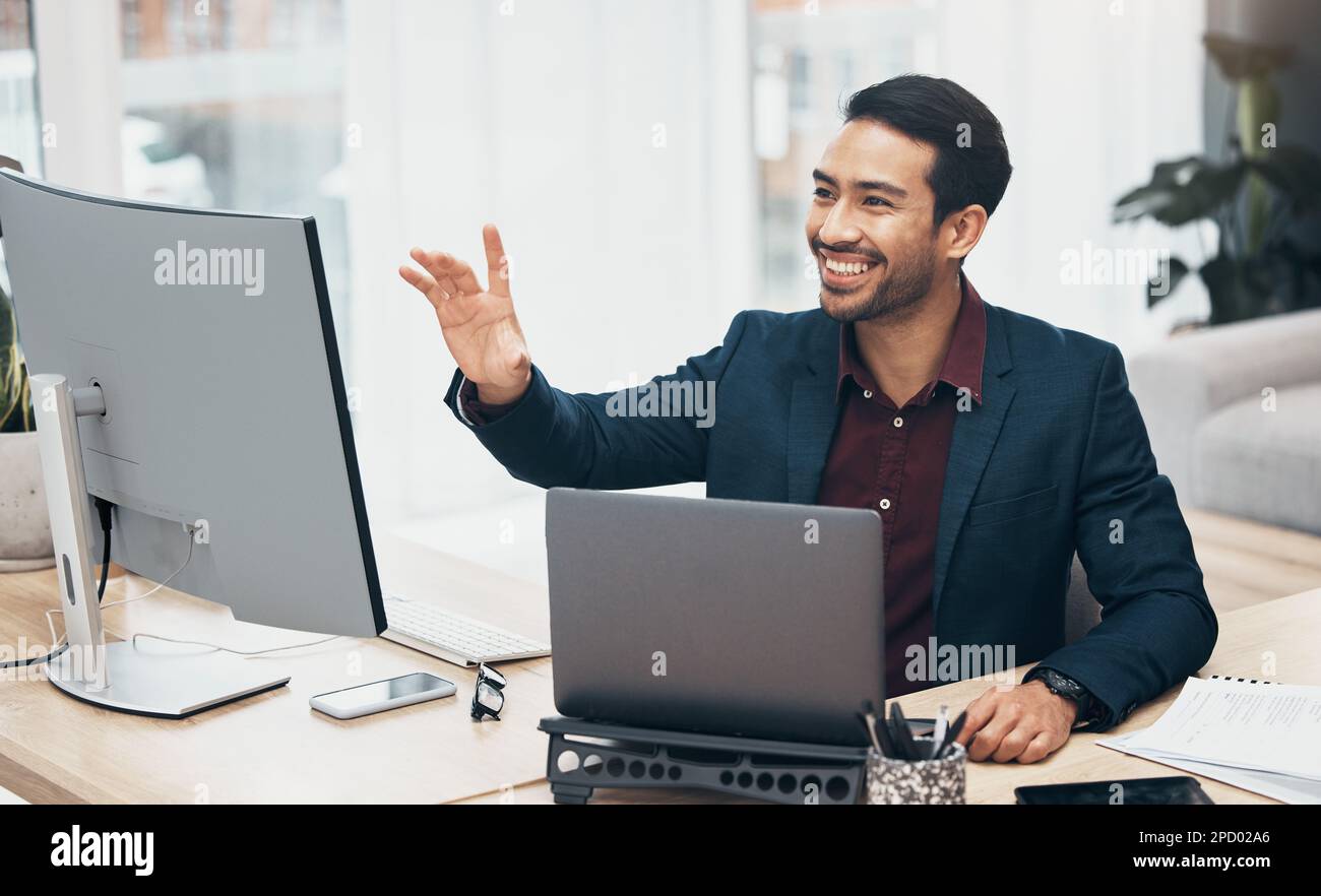 Invisible screen, technology and business man in office with hand ...