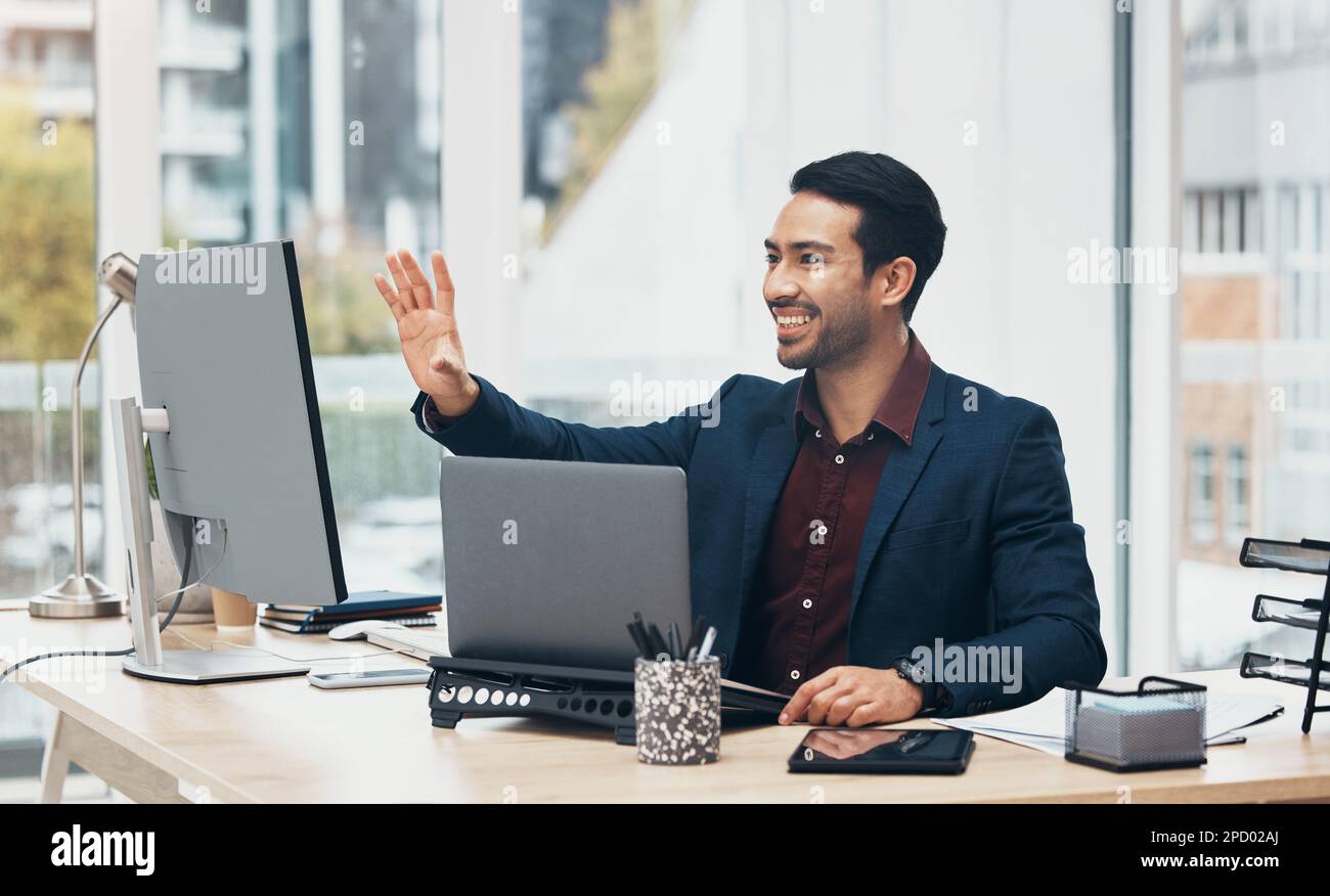 Computer, invisible screen and business man in office with hand gesture ...