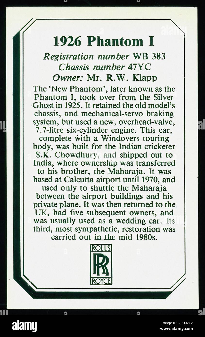 Rolls-Royce Phantom I - Car Vintage British Tradecard Back Stock Photo ...
