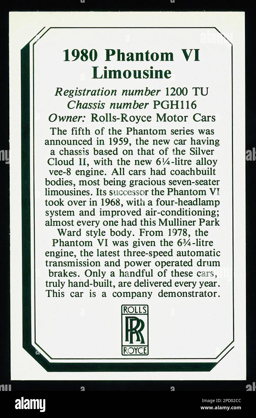 Rolls Royce, 1980 Phantom VI - Car Vintage British Tradecard Back Stock ...