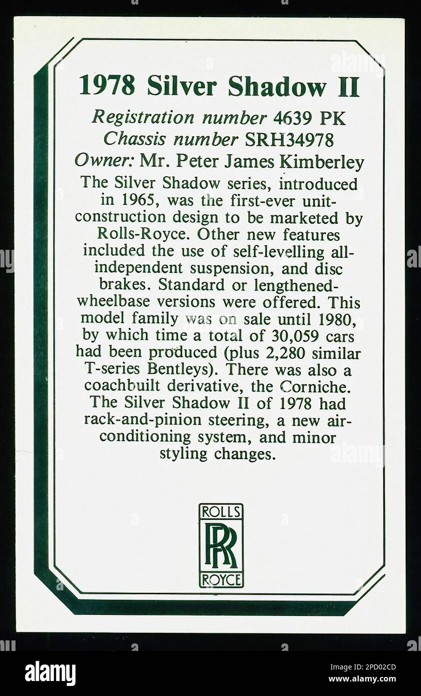 Rolls Royce, 1978 Silver Shadow - Car Vintage British Tradecard Back ...