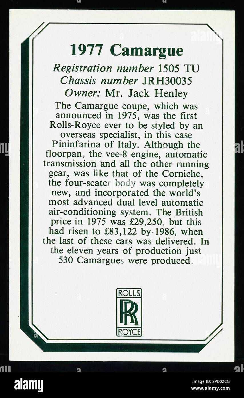 Rolls Royce, 1977 Camargue - Car Vintage British Tradecard Back Stock ...