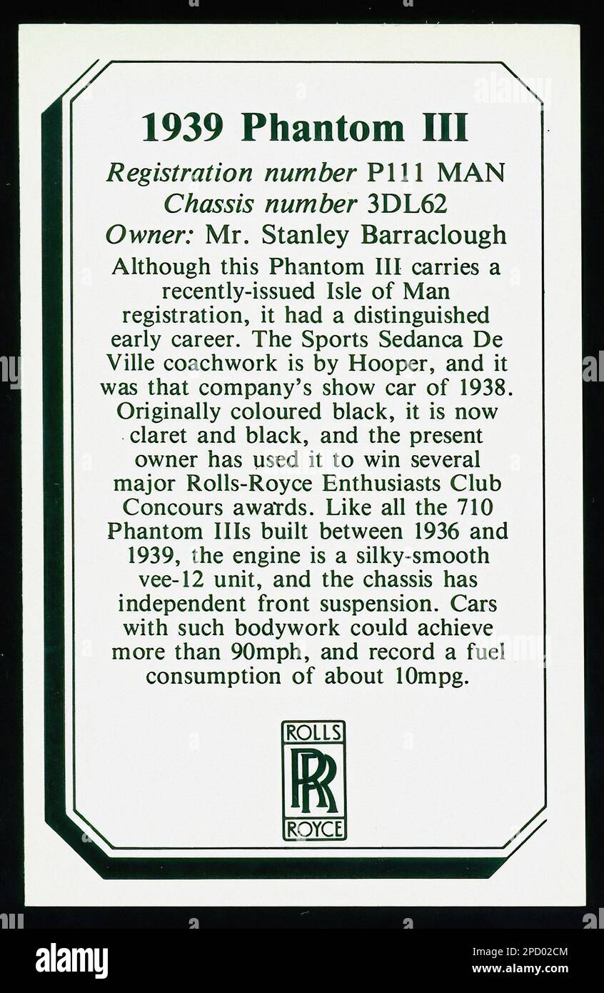 Rolls Royce, 1939 Phantom III - Car Vintage British Tradecard Back ...