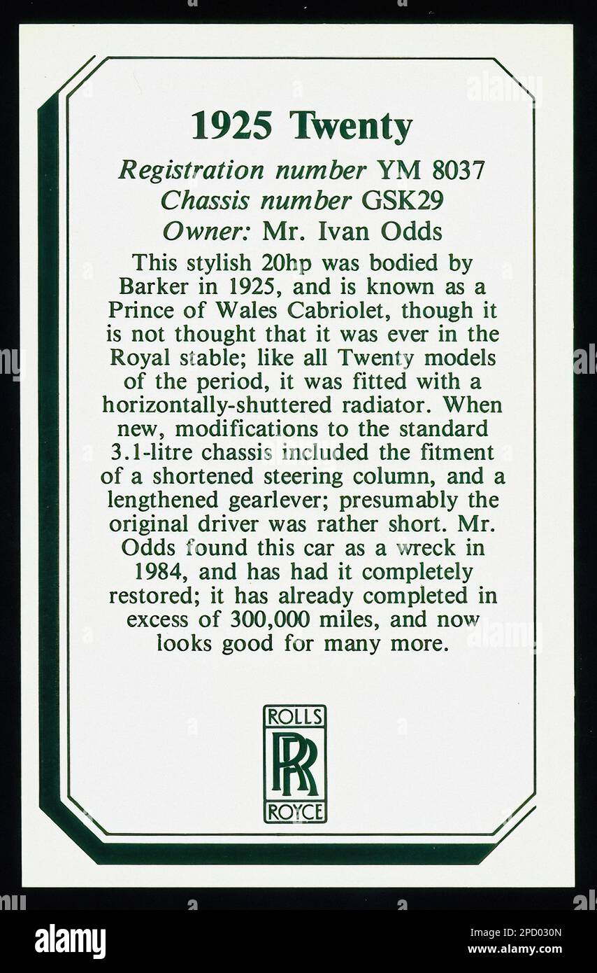 Rolls-Royce Twenty - Car Vintage British Tradecard Back Stock Photo - Alamy