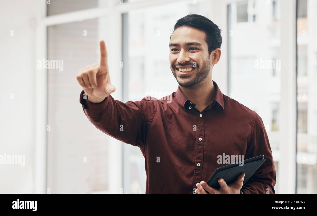 Virtual screen, tablet and happy man point at architecture engineering ...