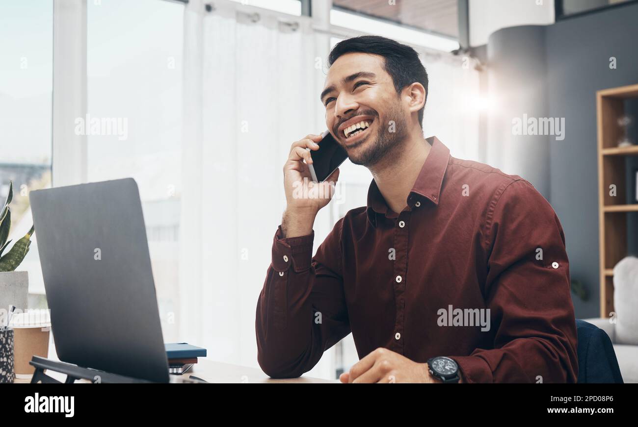 Phone call communication, agent and laughing man listening to funny ...