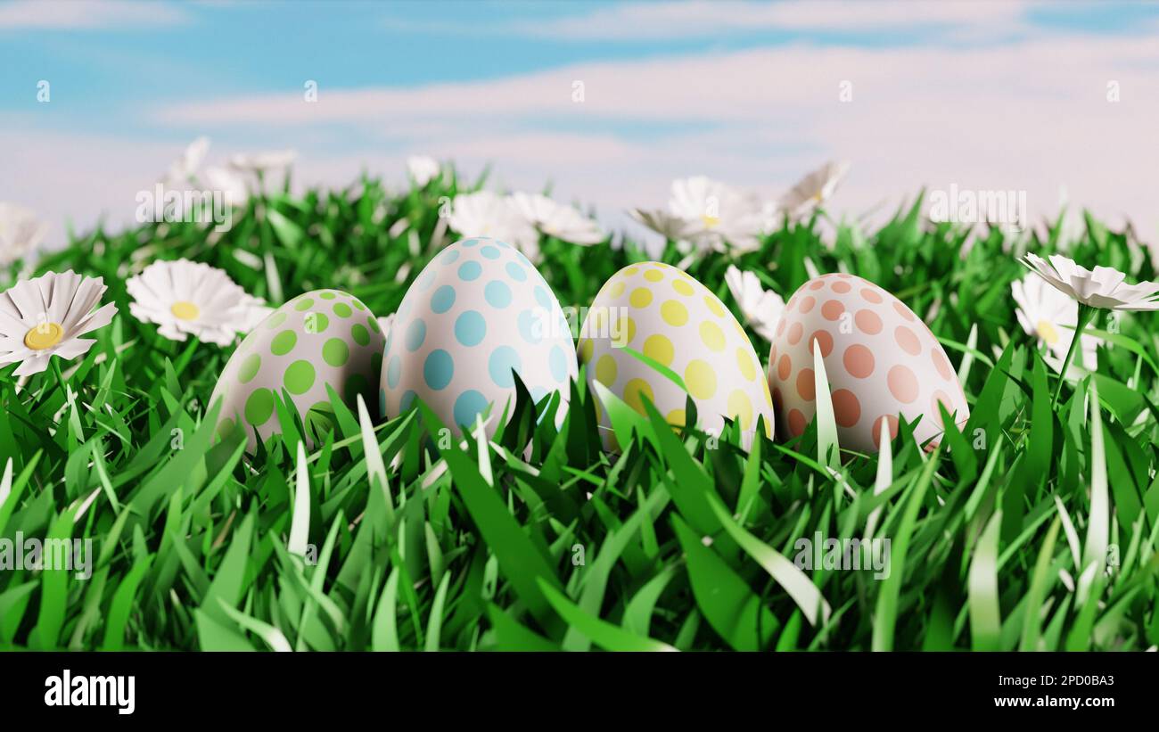 Easter landscape with colorful eggs and daisy flower on field. 3d ...