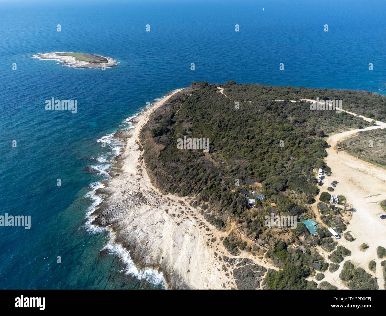 drone shot of Cape Kamenjak, a protected natural area on the southern ...