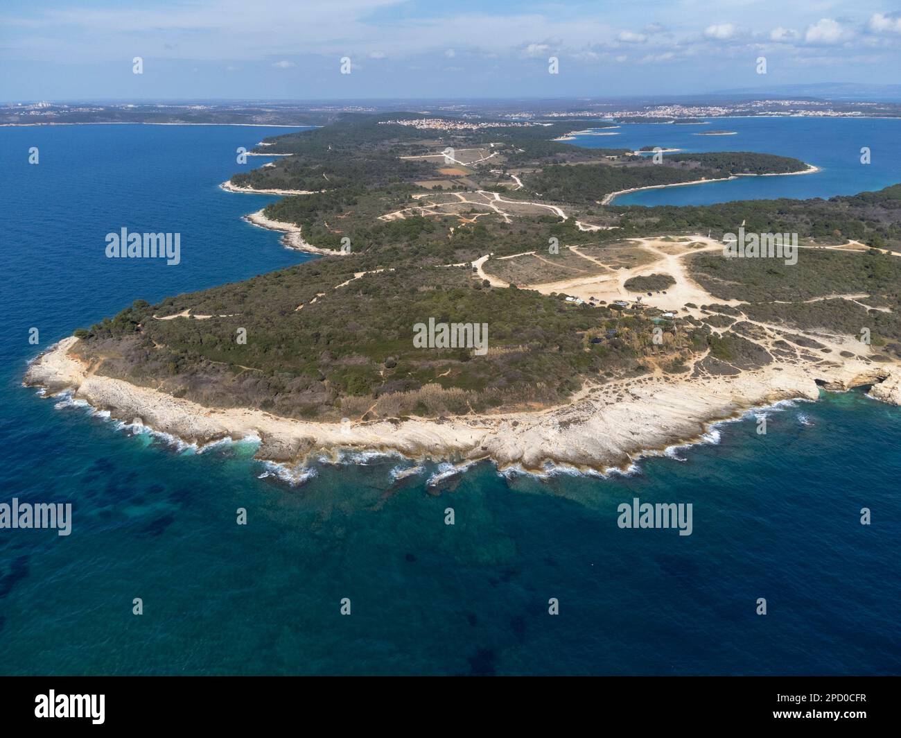 drone shot of Cape Kamenjak, a protected natural area on the southern ...