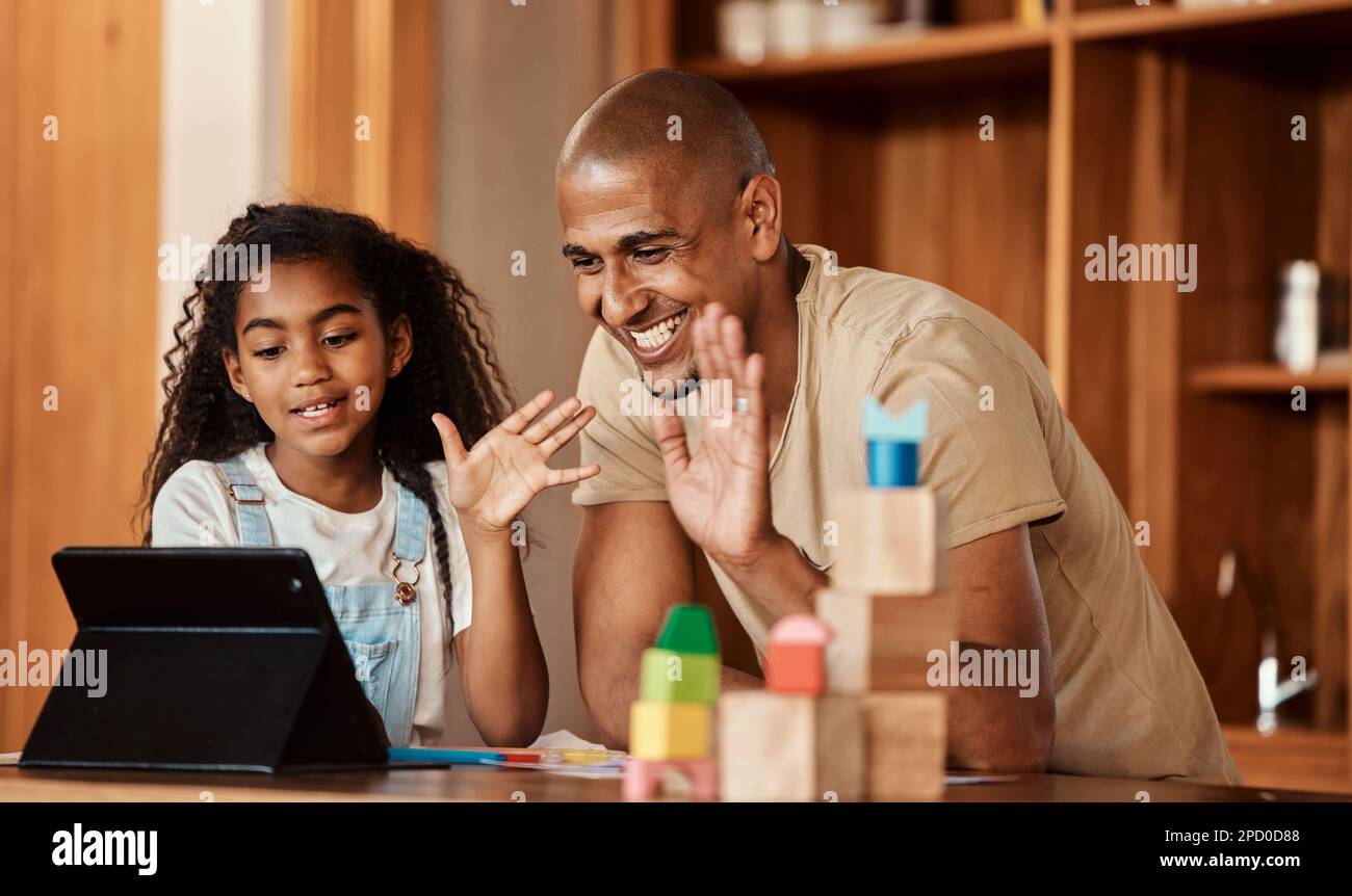 Education, video call and family with father and kid on tablet for ...