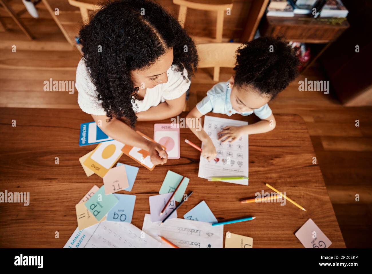 Learning, home and family with child from above for language helping ...