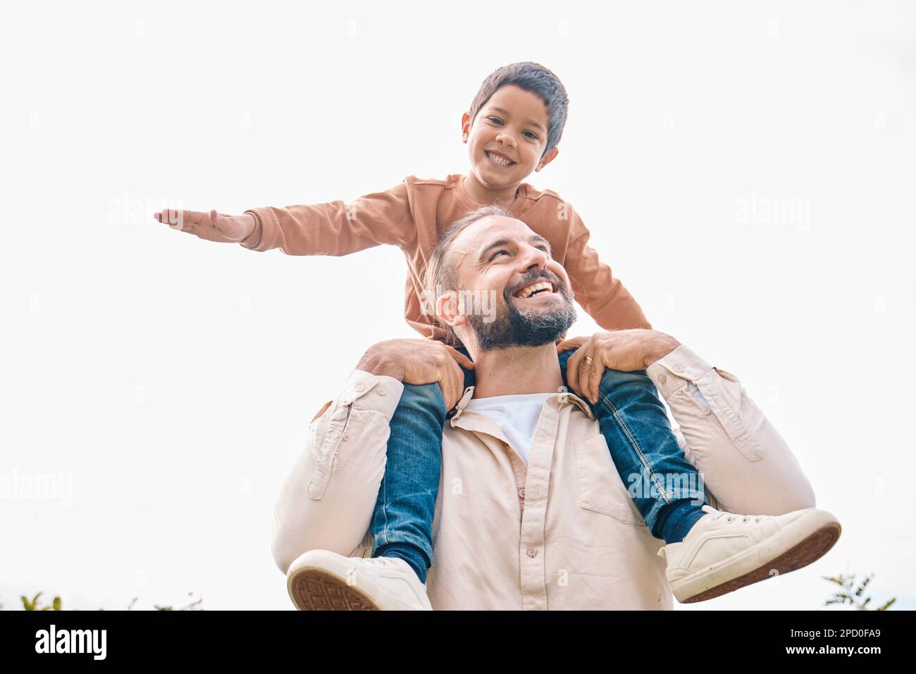 Family, children and boy sitting on the shoulders of his father outdoor ...