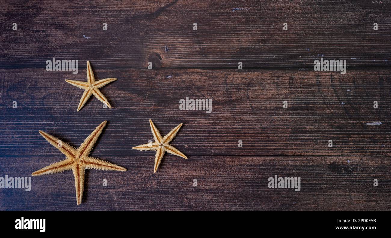 Sea stars. Summer nautical background - stars on wooden background ...