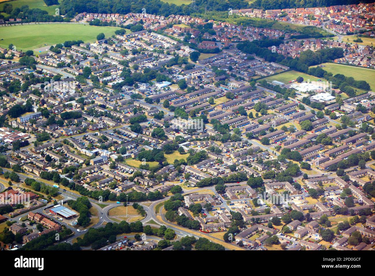 Stevenage town in Hertfordshire, England. Aerial view of St. Nicholas ...