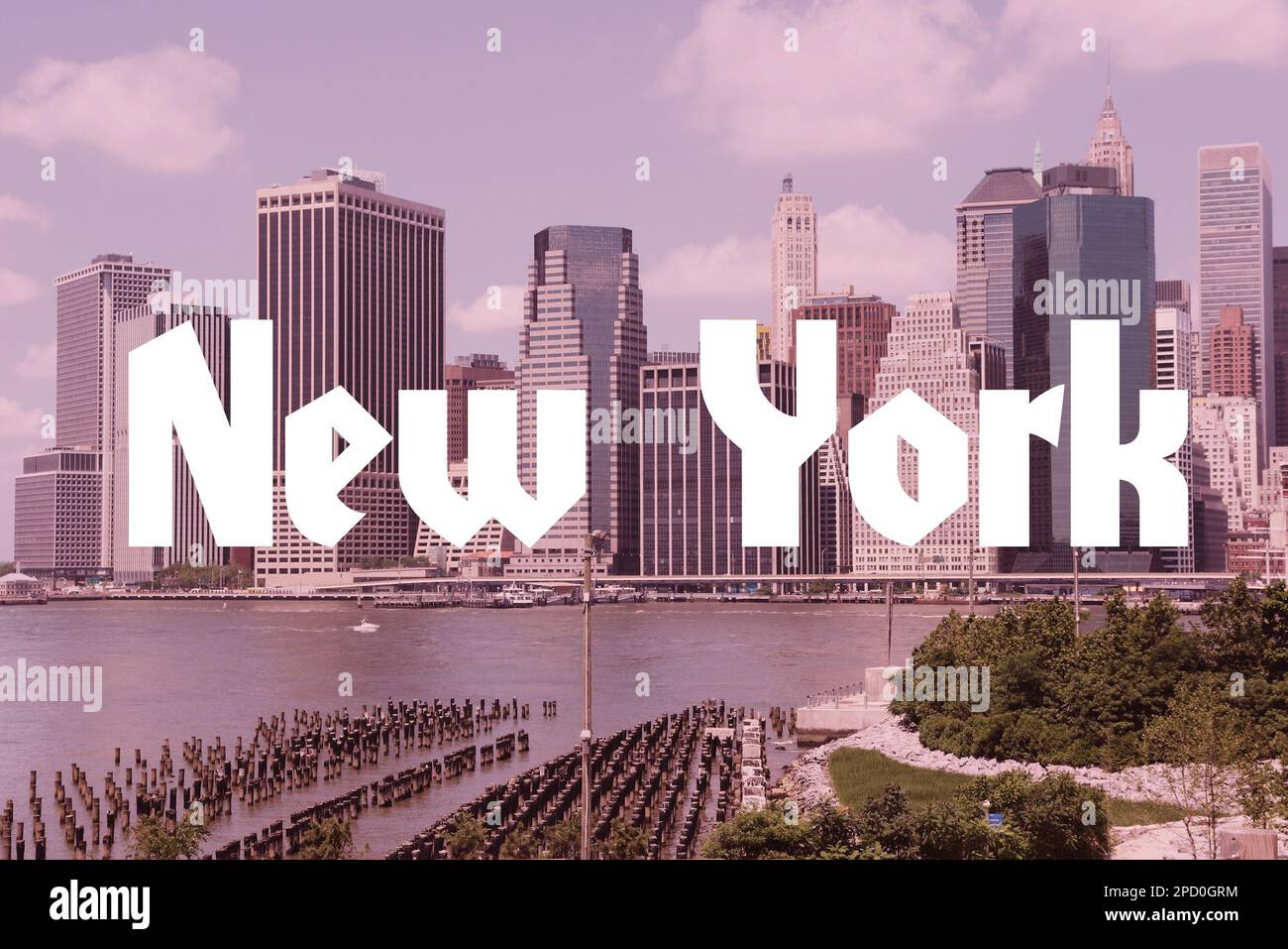 New York, USA. City name modern photo postcard. Travel destination text ...