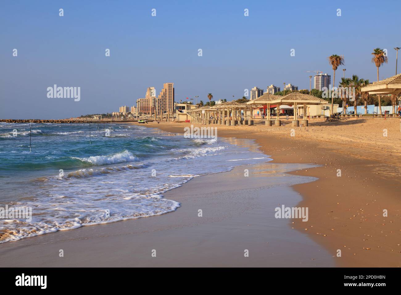 Sandy beach in Haifa, Israel. Infrastructure of Carmel Beach in Haifa ...