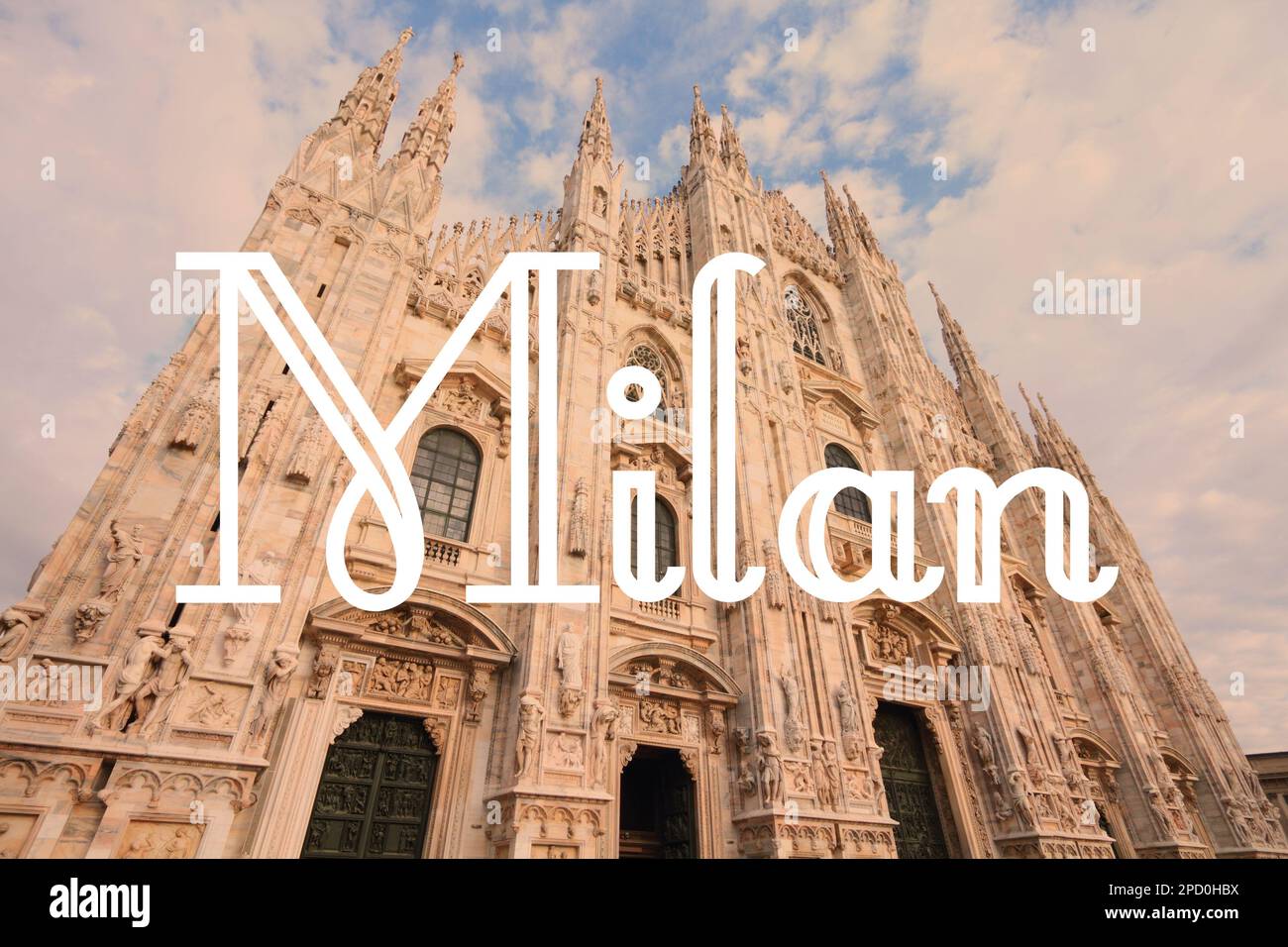 Milan, Italy. City name photo postcard. Travel destination text word ...