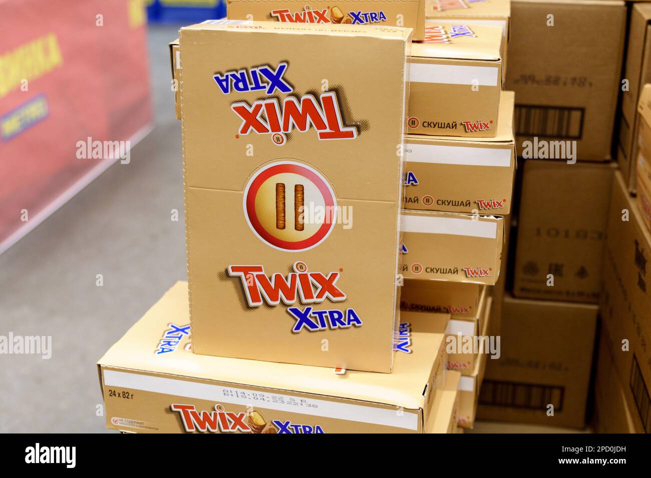 Tyumen, Russia-January 26, 2023: Twix bars xtra box are produced by ...