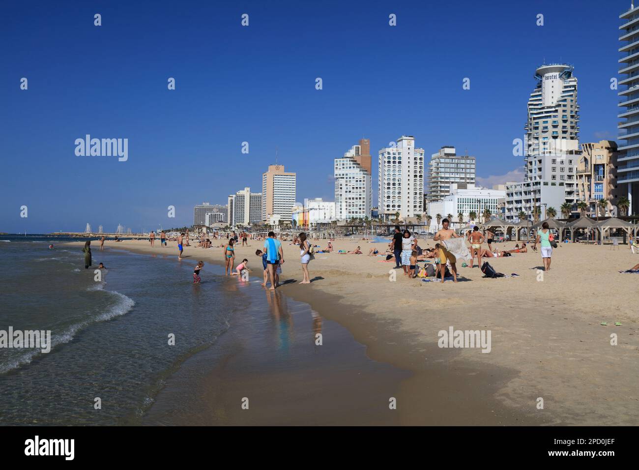 TEL AVIV, ISRAEL - NOVEMBER 2, 2022: People visit Allenby Beach (also ...