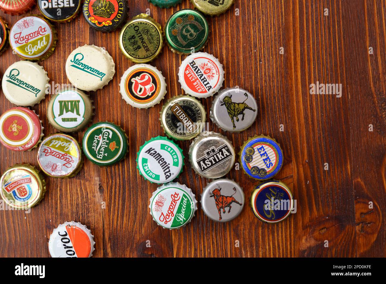 Tyumen, Russia-February 15, 2023: Set of beer caps. A mix of various ...