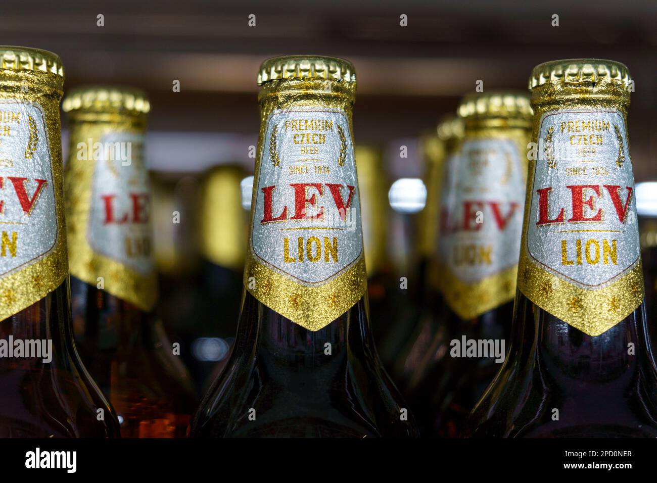 Tyumen, Russia-February 25, 2023: Light beer in the style of LEV ...