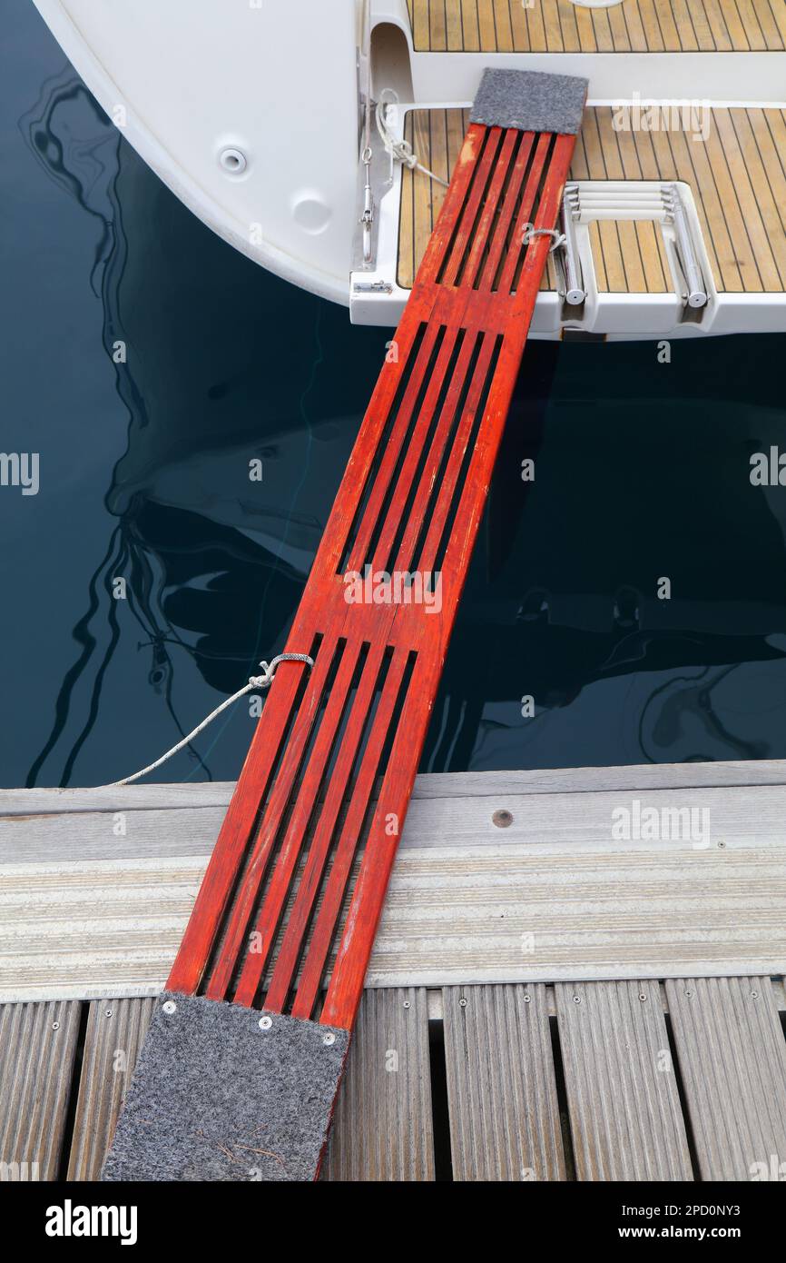 Sailing in Split, Croatia. Sailing yacht wooden boarding gangplank ...