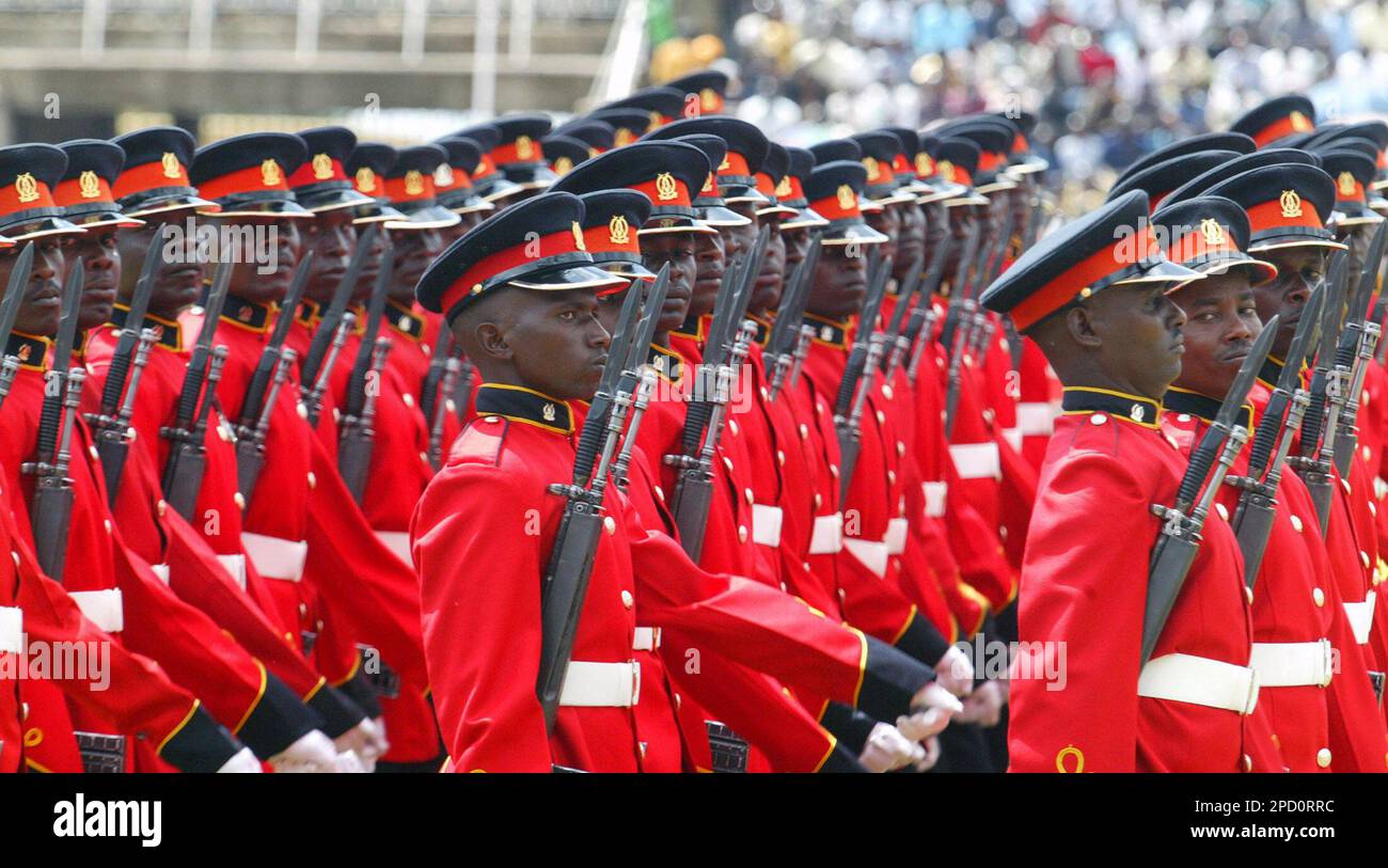 The Kenya Army soldiers in their ceremonial uniform march at the Nyayo ...