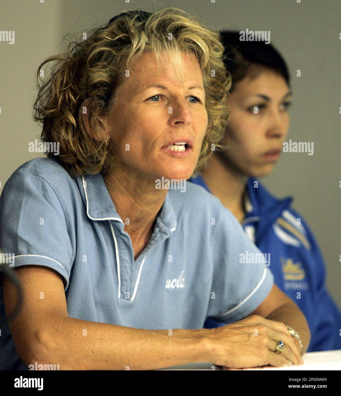 UCLA softball coach Sue Enquist, left, and student-athlete Andrea Duran ...