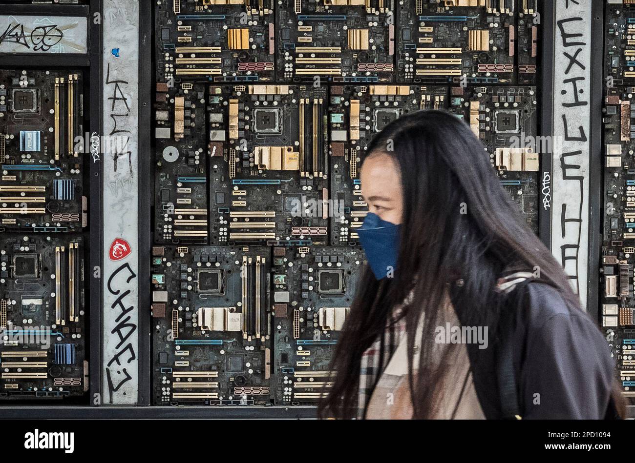 Taipei. 14th Mar, 2023. A wall formed from electronic circuits in ...