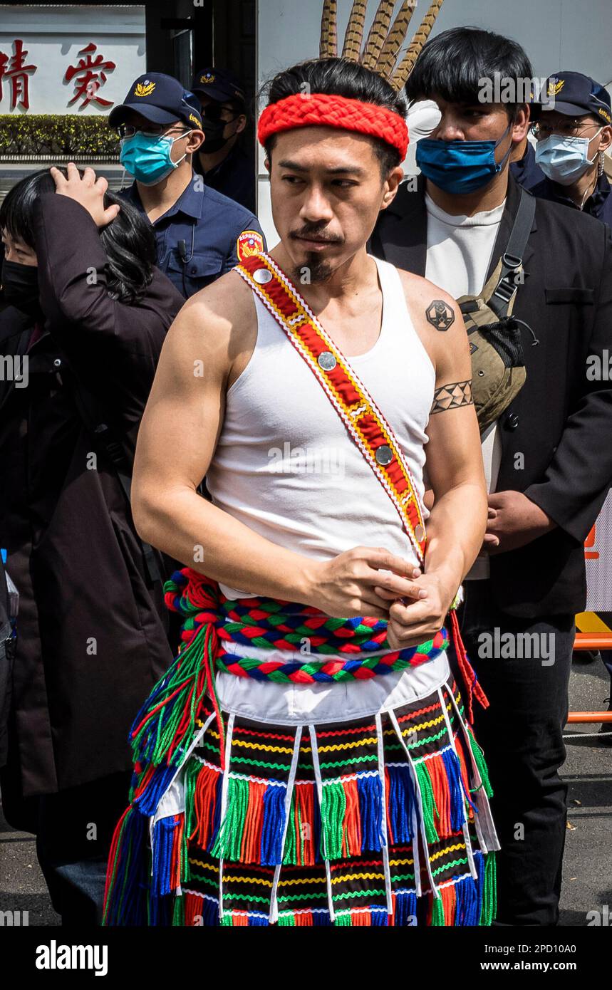 Taipei. 14th Mar, 2023. Taiwanese indigenous people protest in front of ...