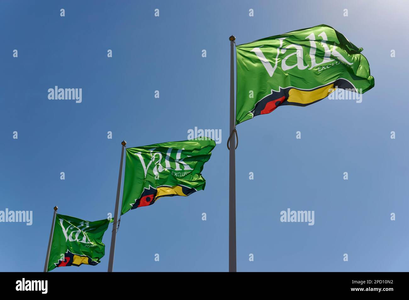 Van der Valk flags with its characteristic toucan logo. A Dutch ...