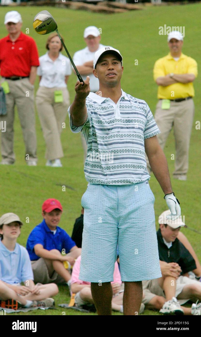 Golfer Tiger Woods participates in a demonstration for children at the ...