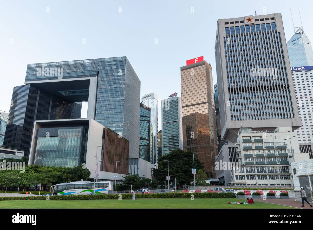 Hong Kong - July 11, 2017: Street view of Hong Kong Central District, skyline with modern office ...