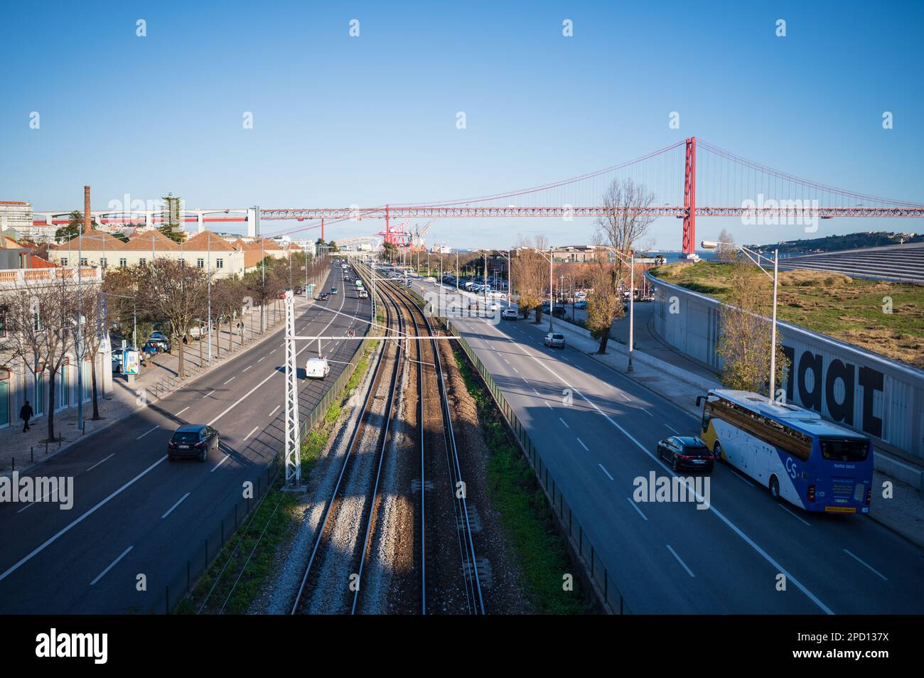 Road and Ponte 25 de Abril bridge, Belem, Lisbon, Portugal Stock Photo ...