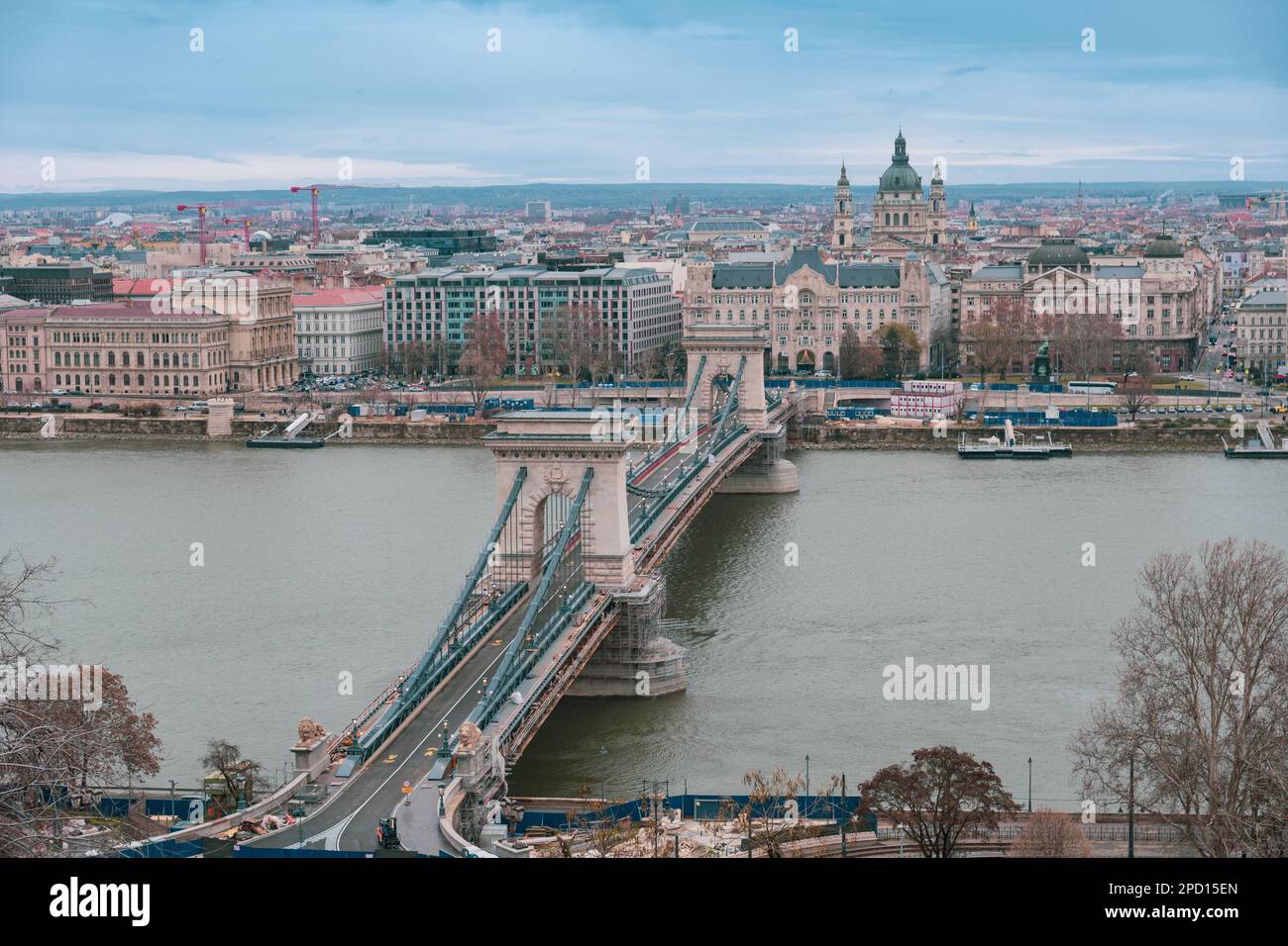 Aerial view of Chain Bridge in Budapest Hungary with city skyline in ...