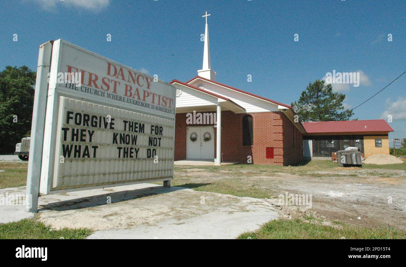 A message urging forgiveness is shown outside the Dancy First Baptist ...