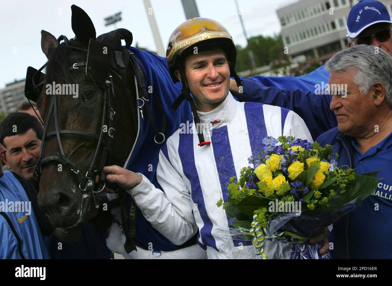 French jockey Christophe Gallier celebrates following his victory with ...