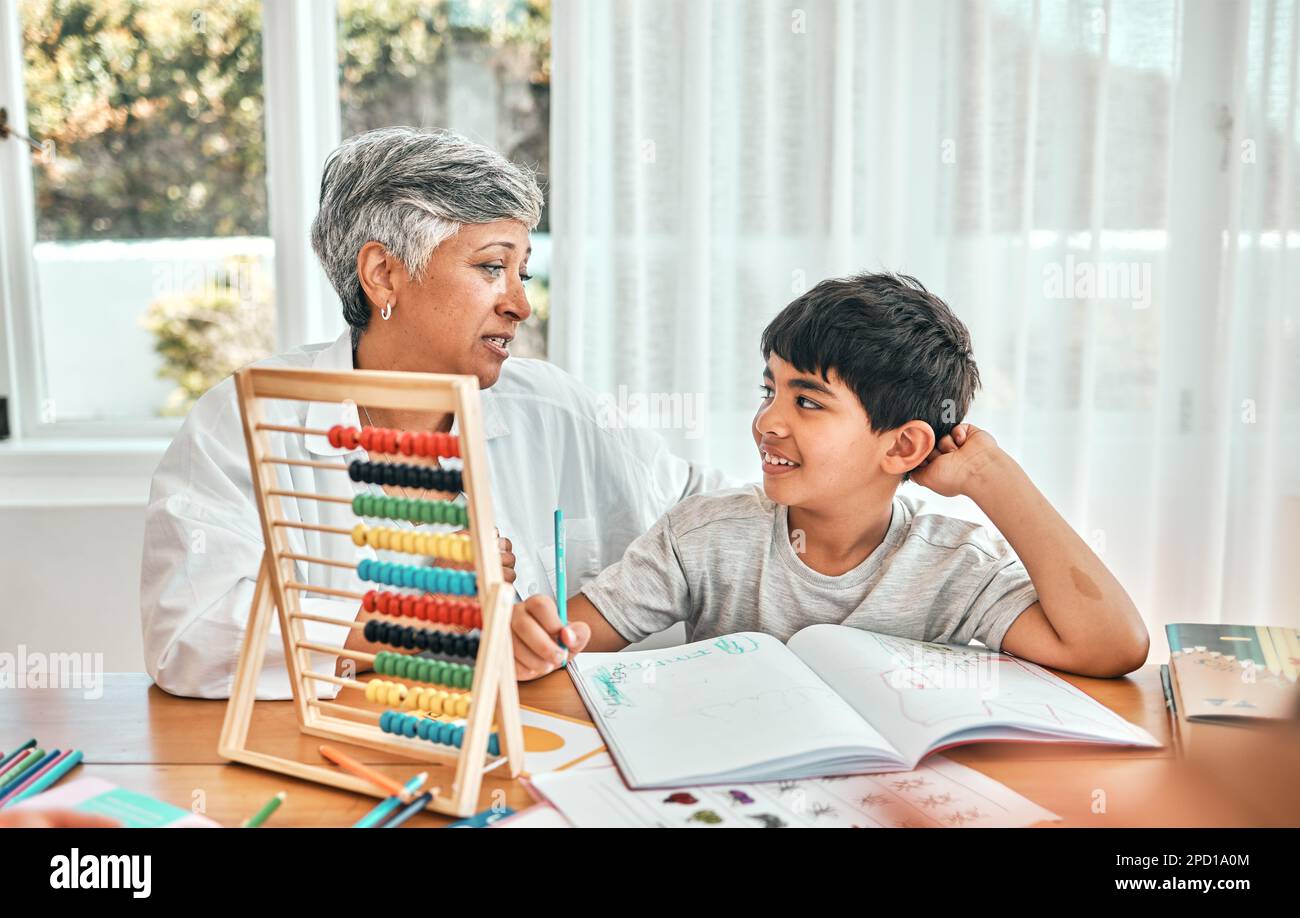 Grandma help, child abacus learning and home studying in a family house ...
