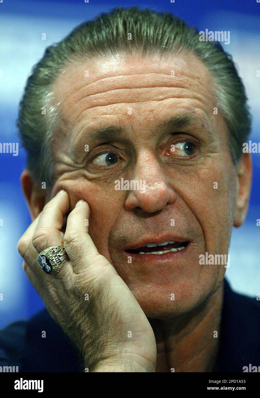 Miami Heat coach Pat Riley talks during a news conference at the ...