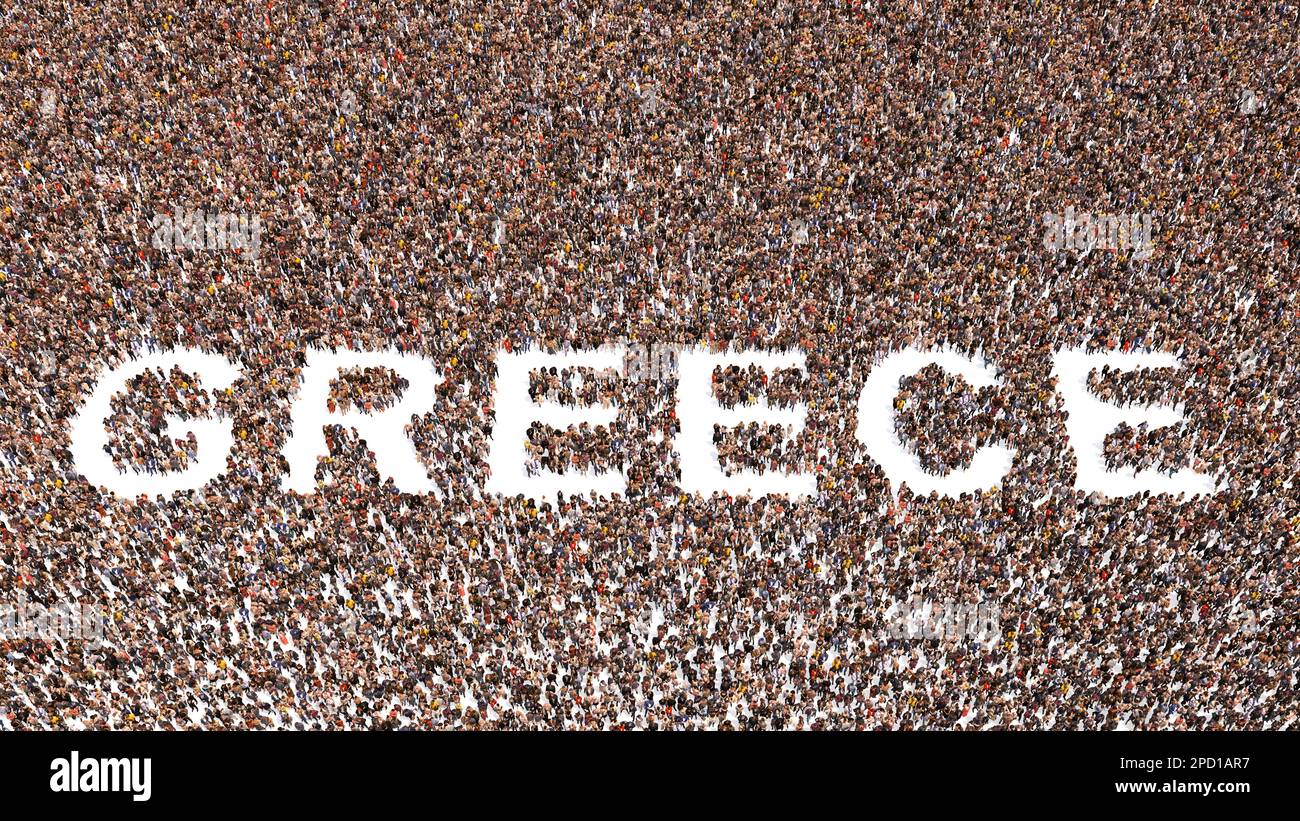 Concept onceptual large community of people forming the word GREECE. 3d ...