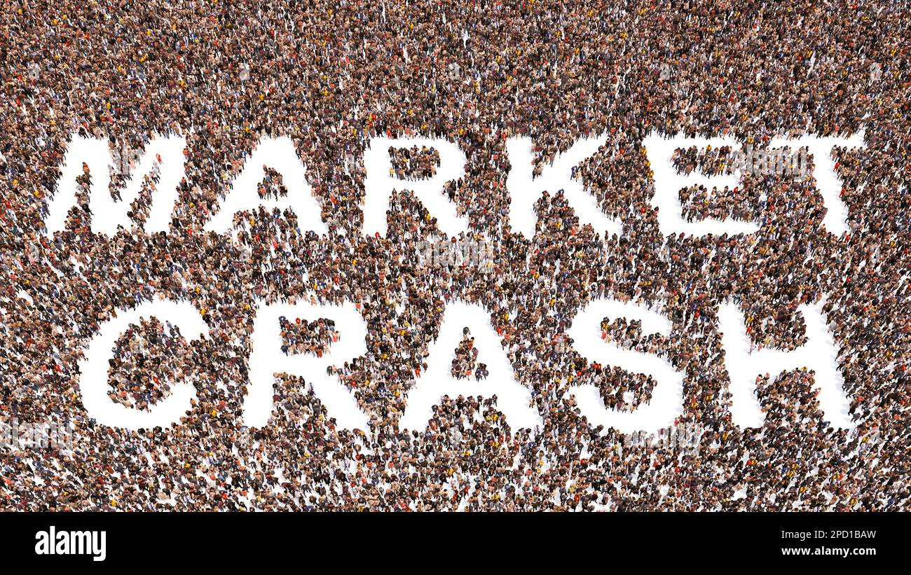 Cnceptual large community of people forming MARKET CRASH message. 3d ...