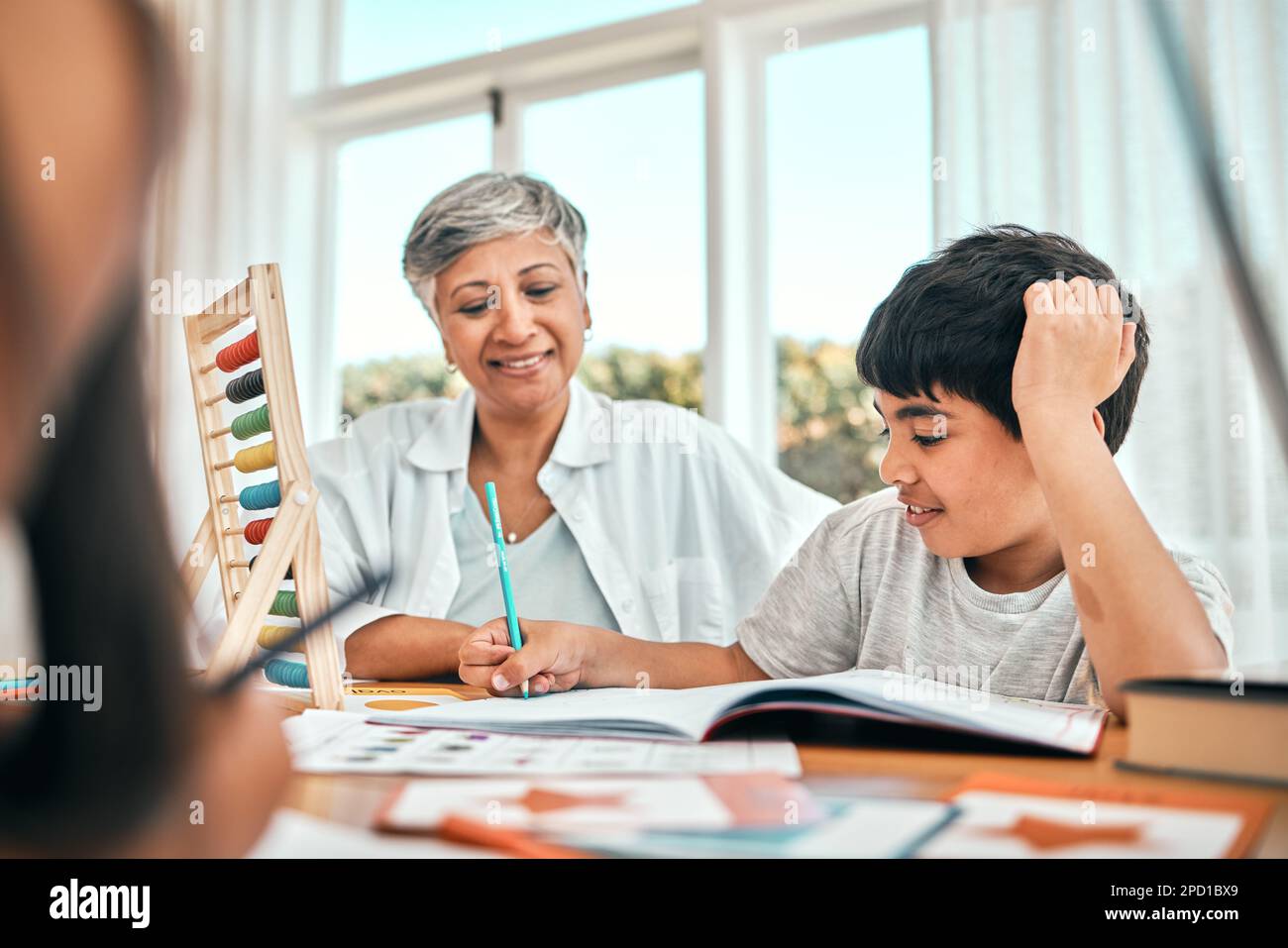 Grandma help, child math learning and home studying selfie in a family ...