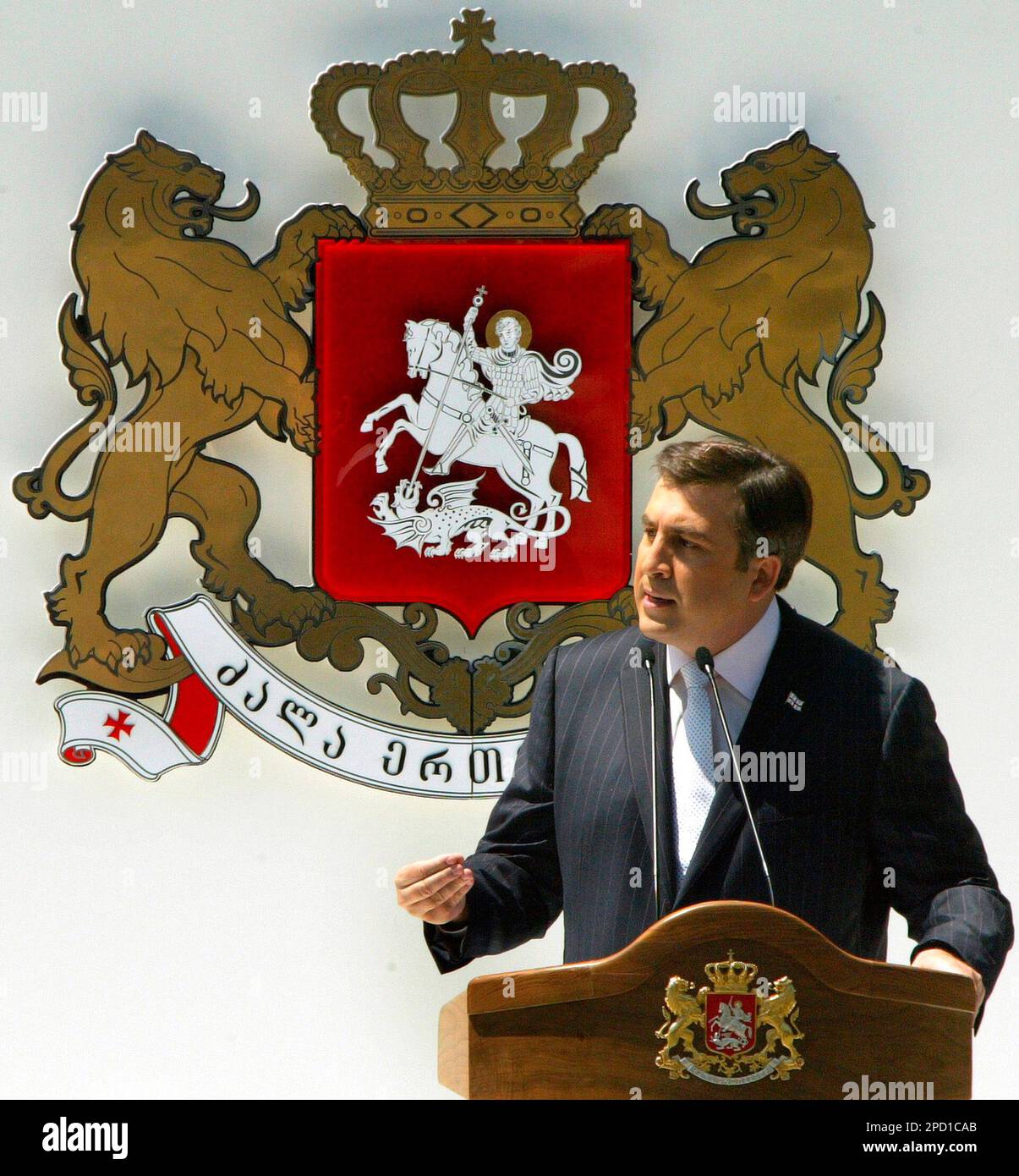 Georgian President Mikhail Saakashvili, with Georgian state emblem in ...