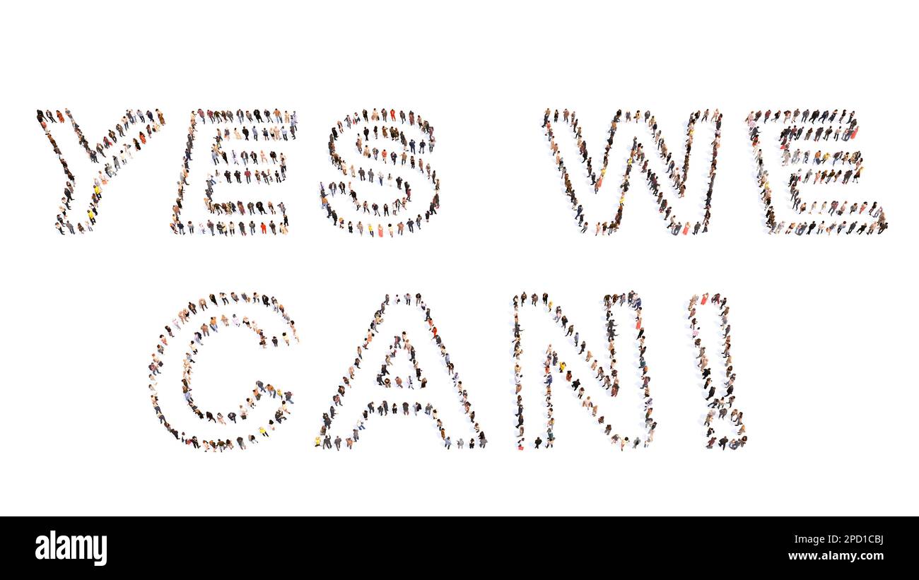 Concept conceptual large community of people forming YES WE CAN saying ...