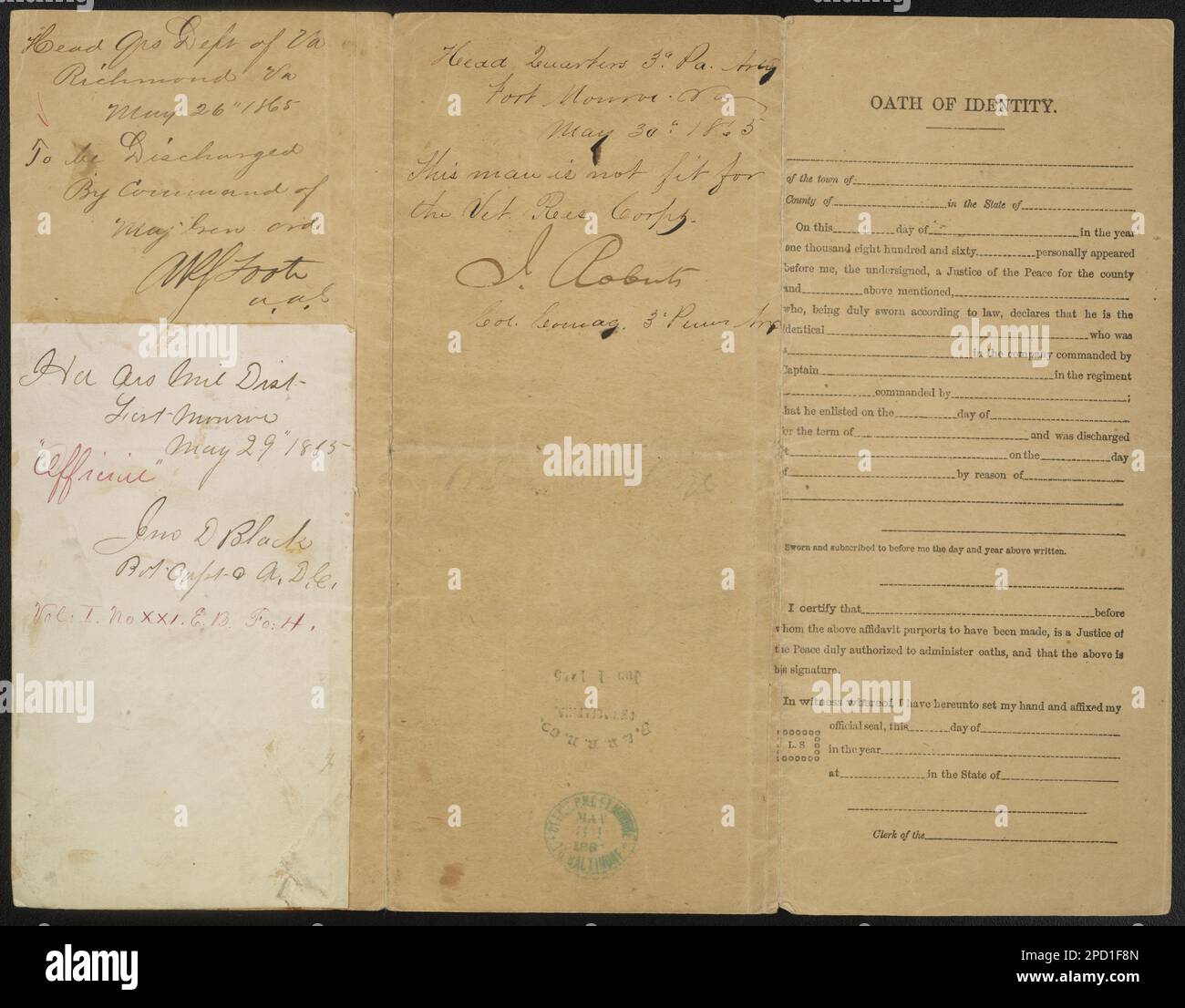 Certificate to discharge Private Cline Morris from Co. E, 3rd Pennsylvania Heavy Artillery ...